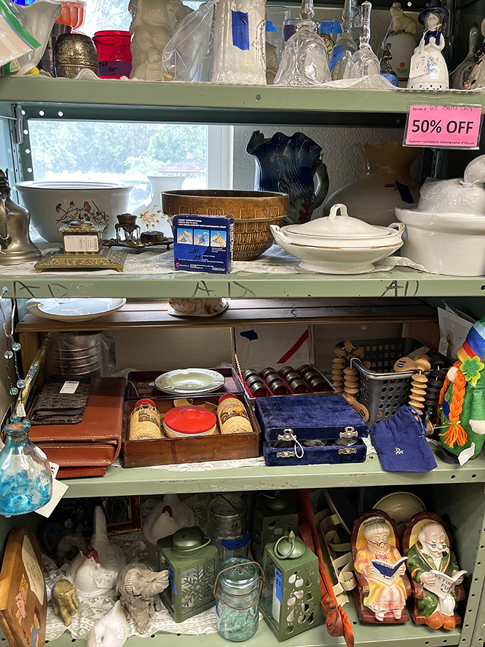 Grandma's china cabinet exploded! Delicate porcelain figurines and vintage dishware create a time capsule of American dining history on these packed shelves.