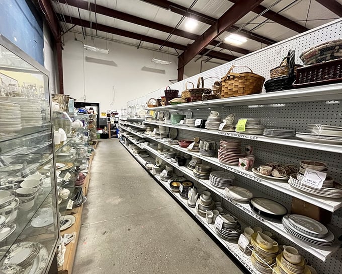 Rows of dishes, plates, and serving pieces stretch endlessly&mdash;Martha Stewart would need a very large cart. 