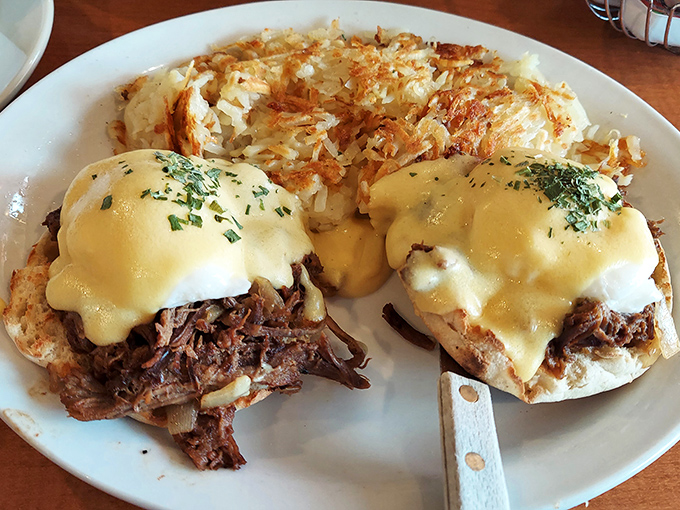 Behold the star attraction: eggs Benedict with tender beef instead of Canadian bacon, a Philadelphia twist that would make Benjamin Franklin proud.