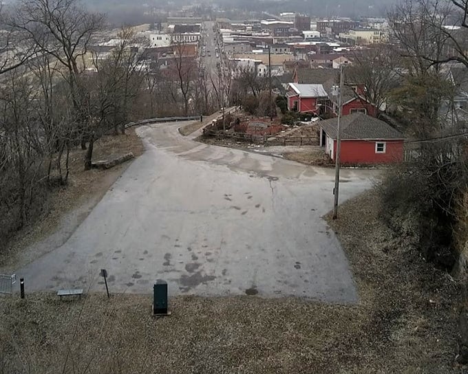 Winter reveals Hannibal's historic downtown from the lighthouse vantage point, where modern life meets 19th-century charm in perfect harmony.
