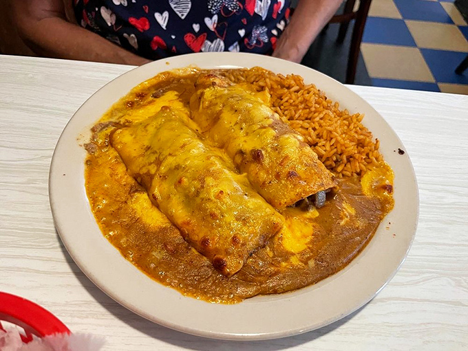 Enchiladas that make you question every other enchilada you've ever eaten. That golden cheese blanket and rich sauce are basically a warm hug on a plate.