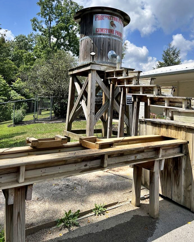 "Prospector Pete's Gemstone Panning" stands ready for modern-day gold rushers. Like panning for treasure, but without the back pain or disappointed 49ers.