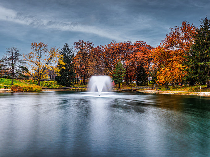 Nature puts on a spectacular autumn fashion show at Fairview Park, where the fountain seems to whisper, "Slow down and stay awhile.
