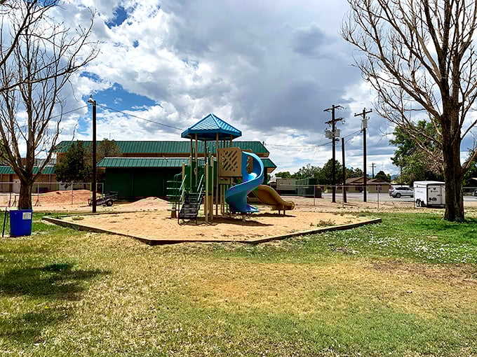 Community playgrounds like this one offer free entertainment where grandkids can burn energy while your wallet stays pleasantly full.