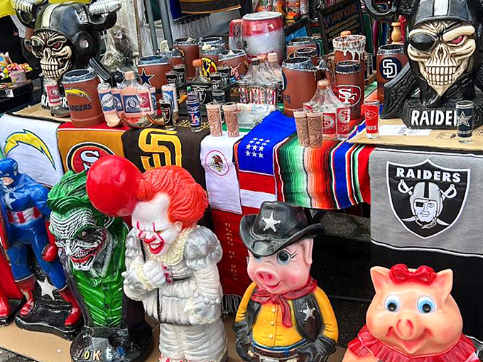 Pop culture comes alive at this figurine stand, where Pennywise meets porky pig in a delightful collision of the creepy and the cute.