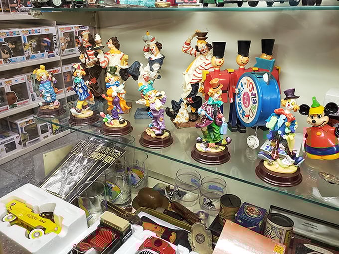 Clown figurines stand at attention like a tiny circus frozen in time. One person's kitsch is another's priceless collection.
