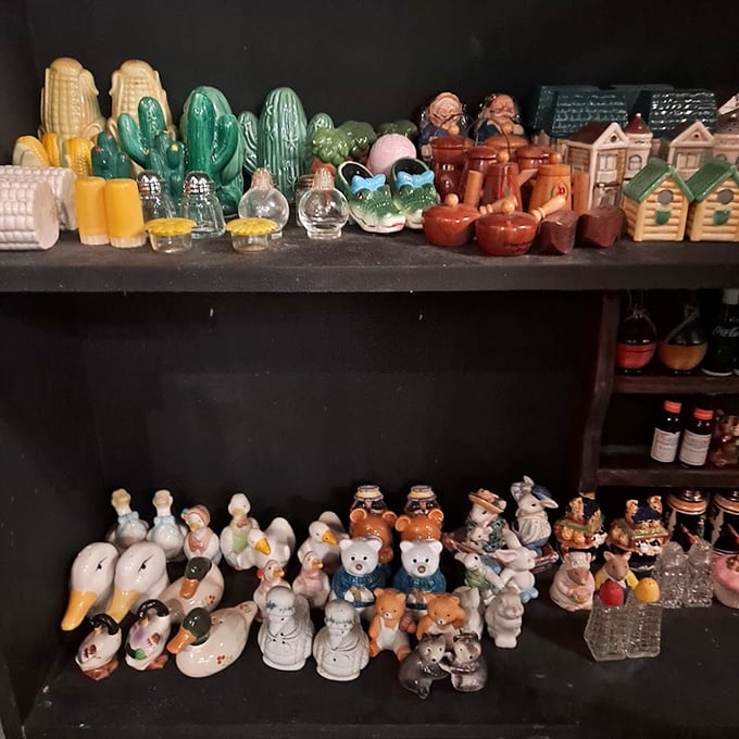 Ceramic menagerie where kitschy cactus planters mingle with salt-and-pepper shakers that escaped your aunt's holiday table decades ago.