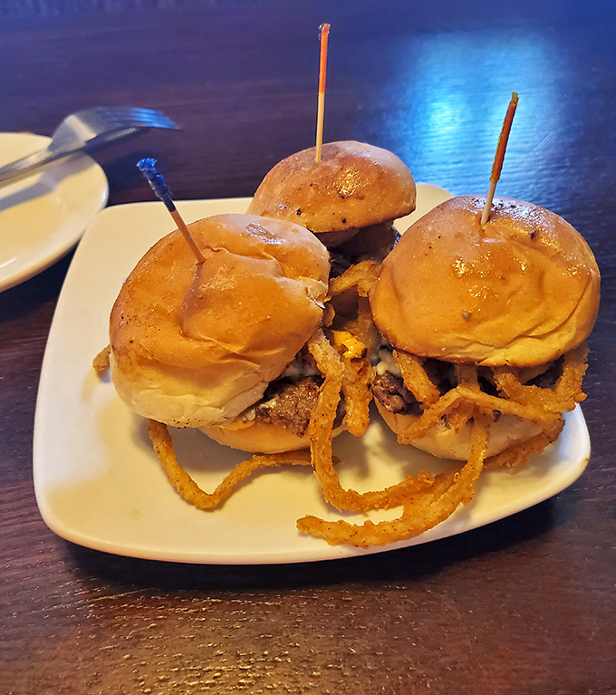 These sliders aren't playing small ball&mdash;they're heavy hitters topped with crispy onion strings that add the perfect crunch to each juicy bite.