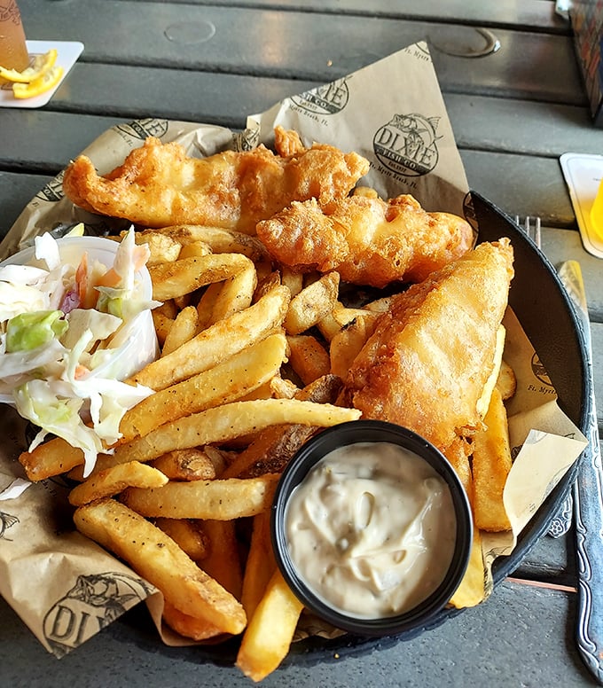 Behold the golden glory: beer-battered fish and chips that could make a British pub owner weep with envy.