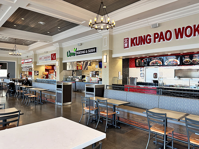 Kung Pao Wok and Umami Teriyaki & Sushi stand ready to refuel shoppers whose arms are heavier than their wallets.