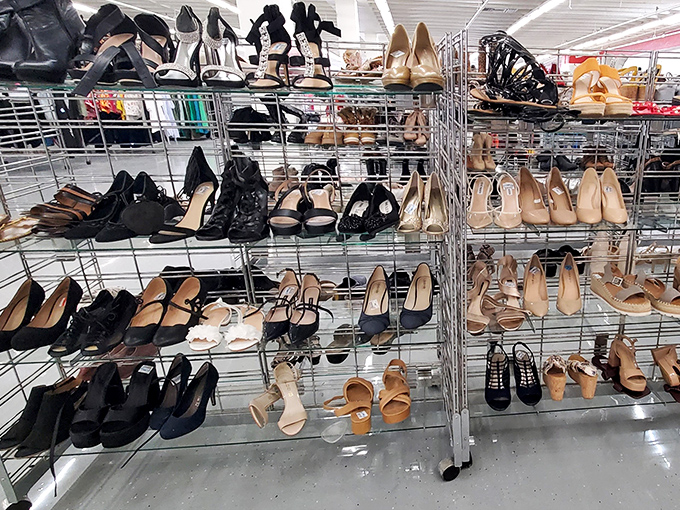 Shoe heaven! From beach-ready sandals to office pumps, these racks hold footwear with plenty of life left for your next island adventure.