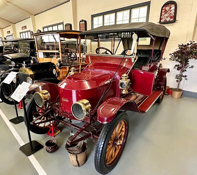 The gleaming ruby-red vintage touring car showcases an era when automobiles were handcrafted works of art, complete with brass accents that shine like jewelry.