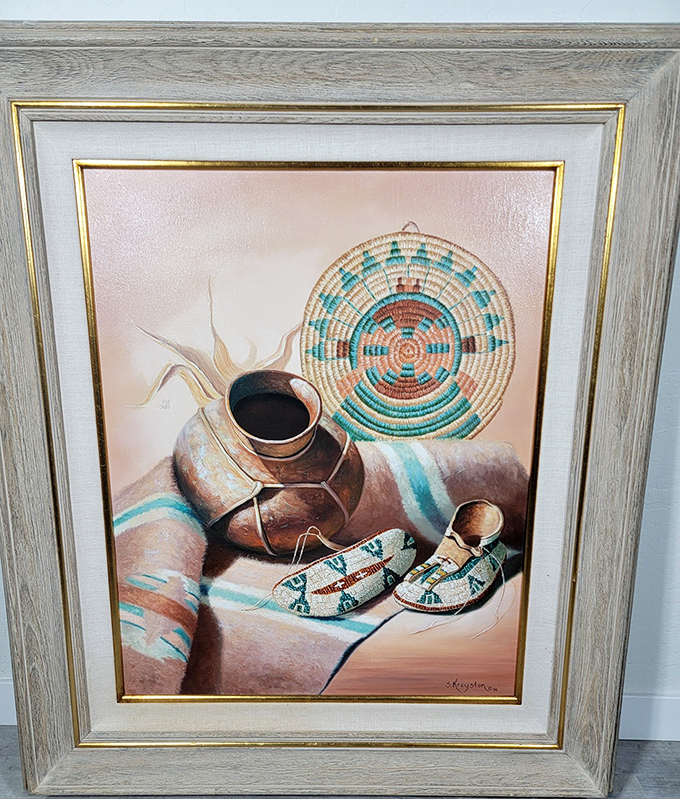 Southwestern art that tells stories of heritage and craftsmanship. This framed piece brings turquoise dreams and cultural artistry to any wall.