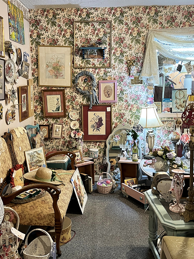 This floral-wallpapered nook isn't just a room&mdash;it's a Victorian fever dream where your grandmother's taste reigns supreme.