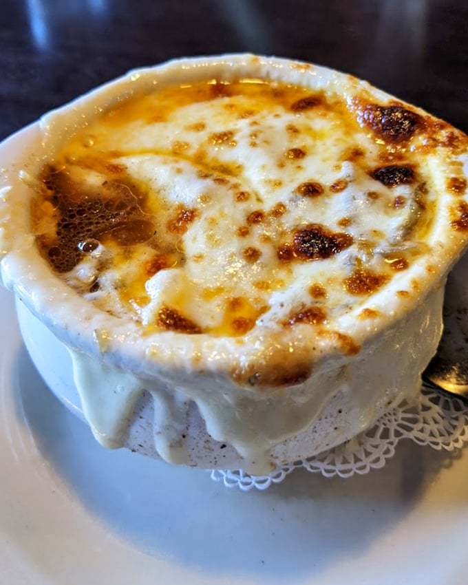 French onion soup that's more cheese than bowl&mdash;exactly as it should be. That golden, bubbling top is nature's way of saying "dig in and forget your troubles."