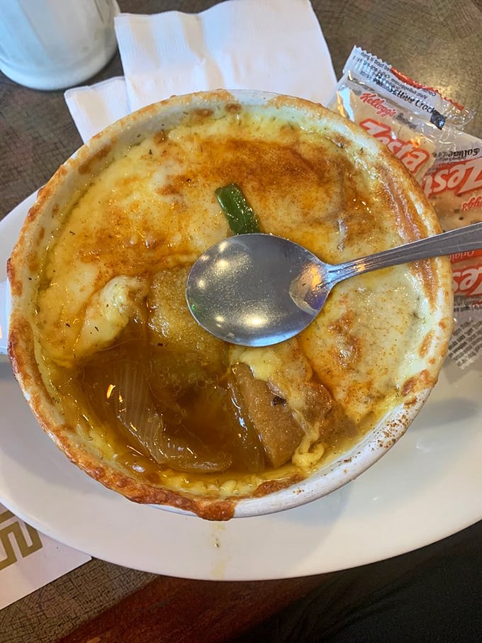 Behold the French onion soup in all its glory &ndash; that cheese pull should qualify as an Olympic sport.