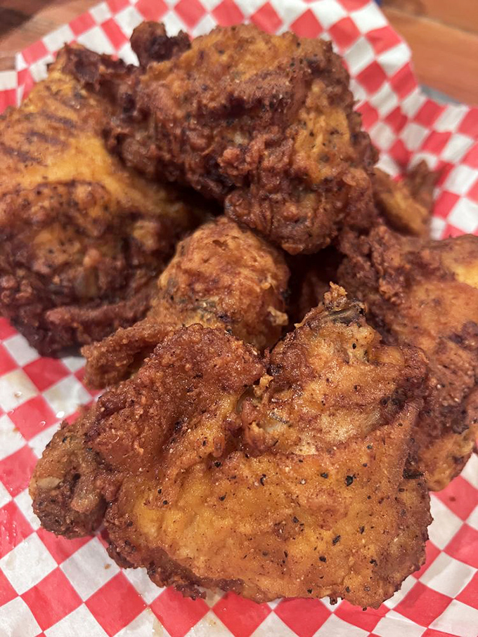 Golden-brown perfection that makes you want to skip the fork and dive in with your hands. Crispy outside, juicy inside—fried chicken nirvana.