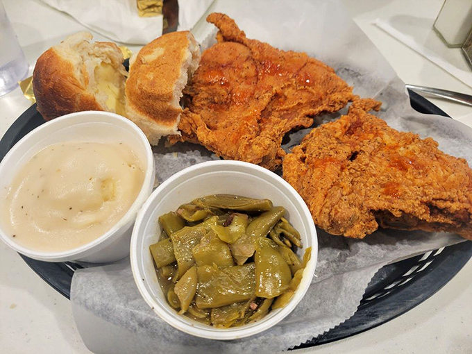 Golden-brown chicken that crackles when you bite it, paired with creamy mashed potatoes and green beans. This isn't just dinner&mdash;it's edible therapy.