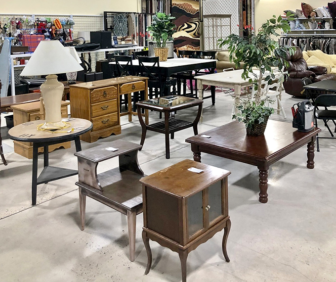 Furniture paradise where vintage end tables and well-loved lamps await their second act in someone's living room.