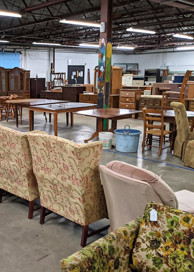 The furniture section: where mid-century modern chairs chat amiably with farmhouse tables in this democracy of design.