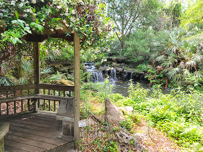 A waterfall whispers secrets to garden visitors from this rustic gazebo. Nature's therapy session comes with complimentary seating.