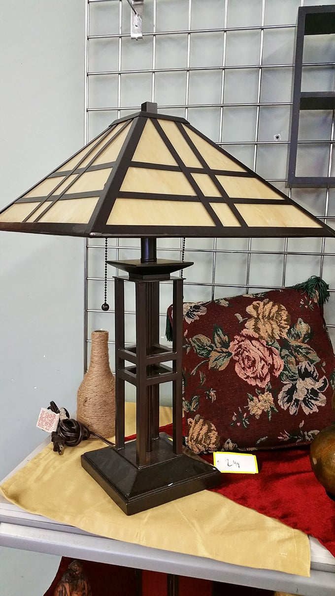 Not just a lamp, but a conversation piece. This mission-style lighting fixture could illuminate both your living room and your design credentials.