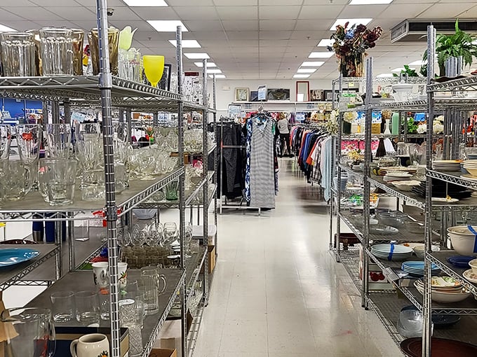 The glassware aisle: where your grandmother's punch bowl and someone else's wedding crystal coexist in perfect, sparkling harmony.