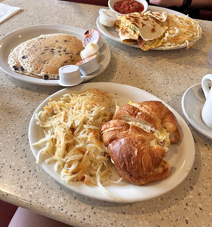 A chocolate chip pancake, quesadilla, and croissant sandwich walk into a diner&mdash;and everyone leaves happy and full.