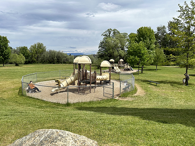 Kids' paradise at Greenhorn Park, where playground time comes with mountain views that make screen time seem ridiculous by comparison.
