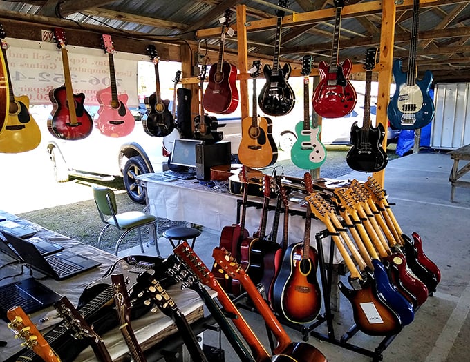 A symphony of six-strings awaits musicians at this booth. From acoustic beauties to electric showstoppers, these guitars are just waiting for their next gig.
