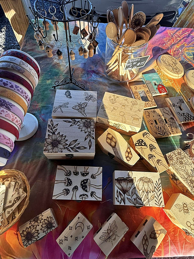 Artisan-crafted wooden boxes tell stories through their intricate designs. Each one practically whispers, "I'm perfect for your secret collection of... whatever."