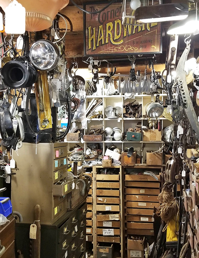 The hardware section looks like your grandfather's workshop exploded in the best possible way, tools everywhere.