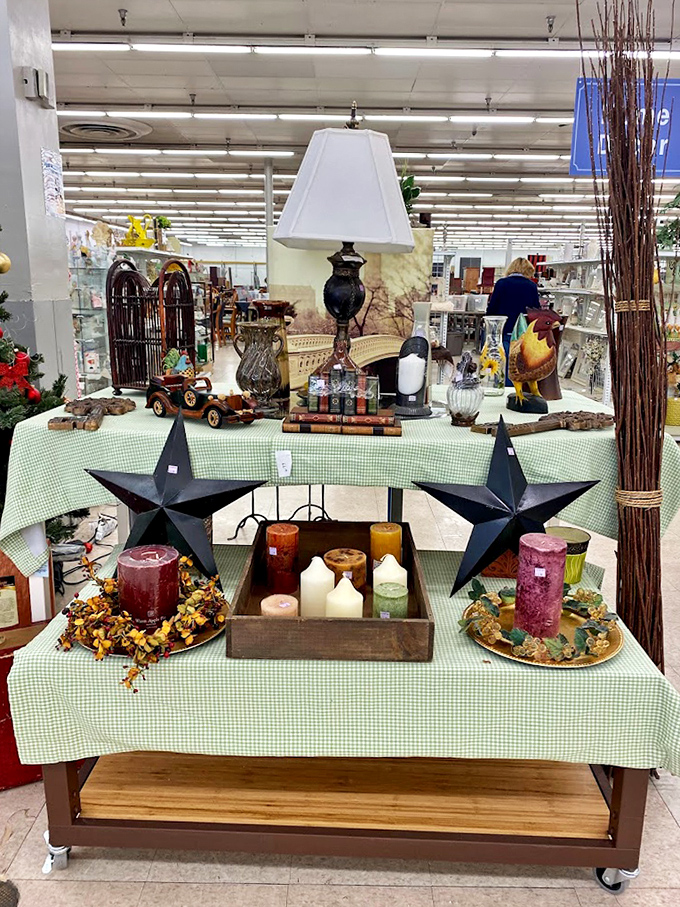 Home décor heaven with rustic charm to spare. Those metal stars and candle arrangements could transform any space from "meh" to magazine-worthy.