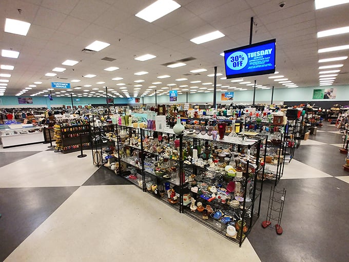 Shelves packed with knickknacks and household treasures – where your grandmother's favorite candy dish and your next conversation piece live side by side.