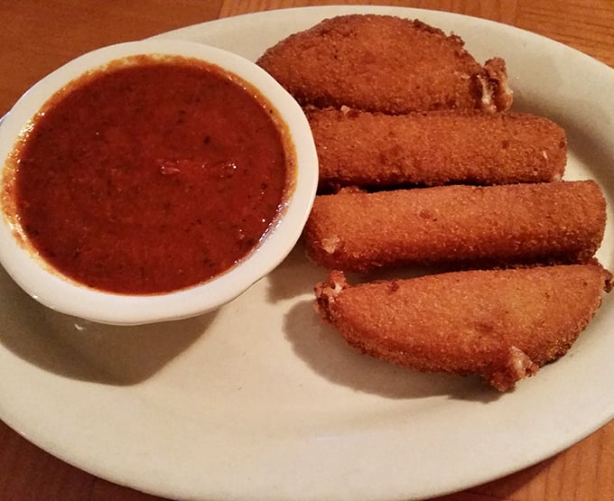 The legendary provolone sticks in all their golden-brown glory. That perfect crunch giving way to molten cheese is worth crossing state lines for.