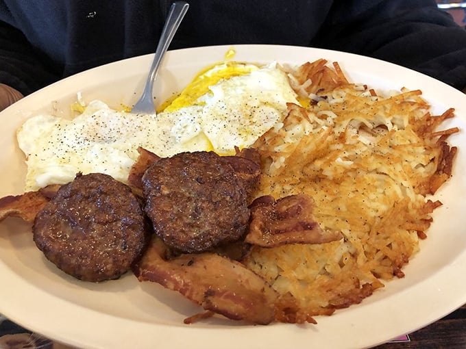 Breakfast perfection doesn't need fancy plating &ndash; just eggs, sausage, and hash browns that could make a grown person weep with joy.