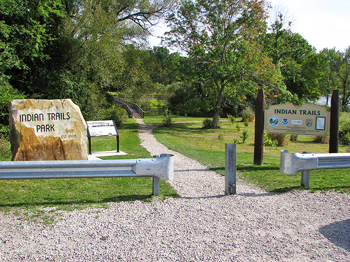 Indian Trails Park welcomes visitors with rustic signage and natural beauty. The perfect starting point for adventures that don't require downloading an app.