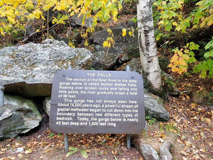 History carved in stone: Mother Walker Falls' informational sign reveals the geological soap opera that's been unfolding here since the last ice age.