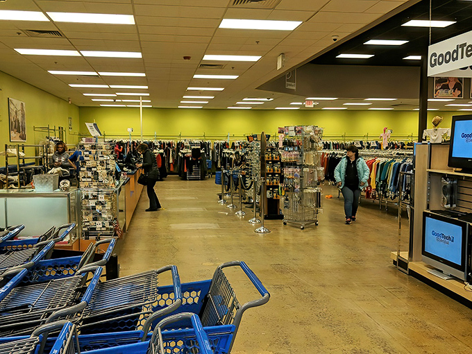 The thrill of possibility hangs in the air as shoppers navigate this well-organized labyrinth of potential finds. Every aisle tells a different story.
