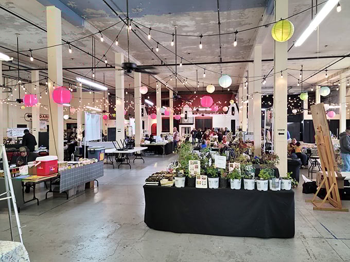 Sunlight streams through windows, casting geometric shadows across concrete floors where local entrepreneurs showcase Oklahoma's bounty with pride and passion.