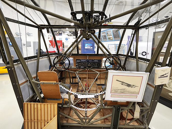 Step inside the skeletal framework of a Waco CG-4A glider cockpit and imagine the white-knuckle descent these silent warriors made during critical WWII operations. 