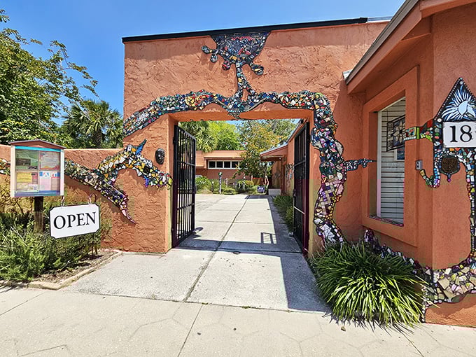 Creativity flows through this colorful entryway at the Island Art Association Gallery, where local artists showcase Florida's natural beauty through their work.