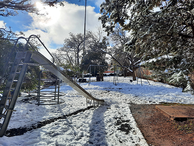 Even Jerome's playground gets a dusting of snow, proving Arizona isn't all cactus and scorching heat year-round.