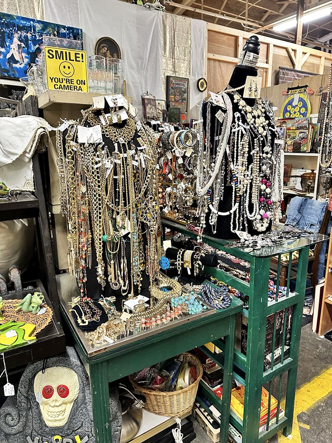 Costume jewelry displays that would make Liberace weep with joy, each strand telling its own glittering story.