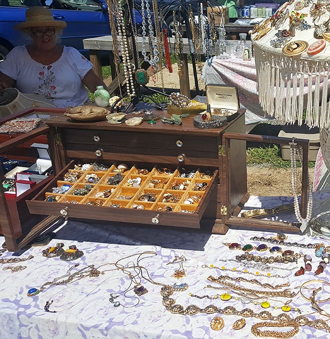 Jewelry dreams sparkle under the Virginia sun, where vintage brooches and beaded necklaces await their perfect match.