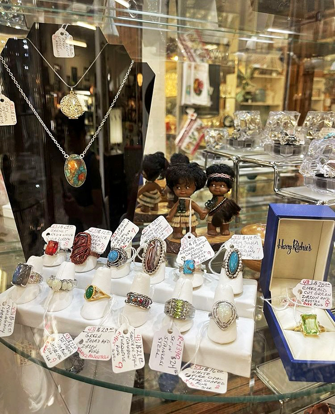 Jewelry that tells stories from other eras—each turquoise ring and pendant once adorned someone's special occasion before waiting patiently for its second act.