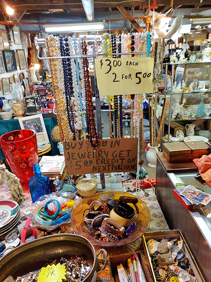 Jewelry hunters, prepare to lose track of time! This dazzling display offers everything from costume pieces to potential hidden gems &ndash; all with handwritten bargain prices.