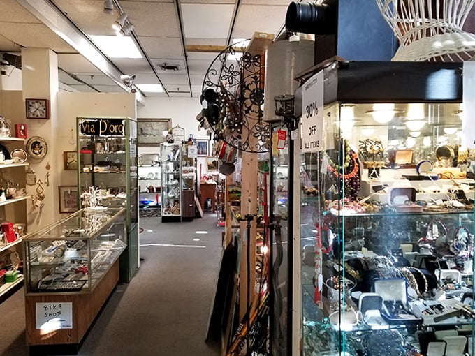 Jewelry cases that would make Elizabeth Taylor swoon. Each glass cabinet is like a time capsule of personal adornment through the decades.