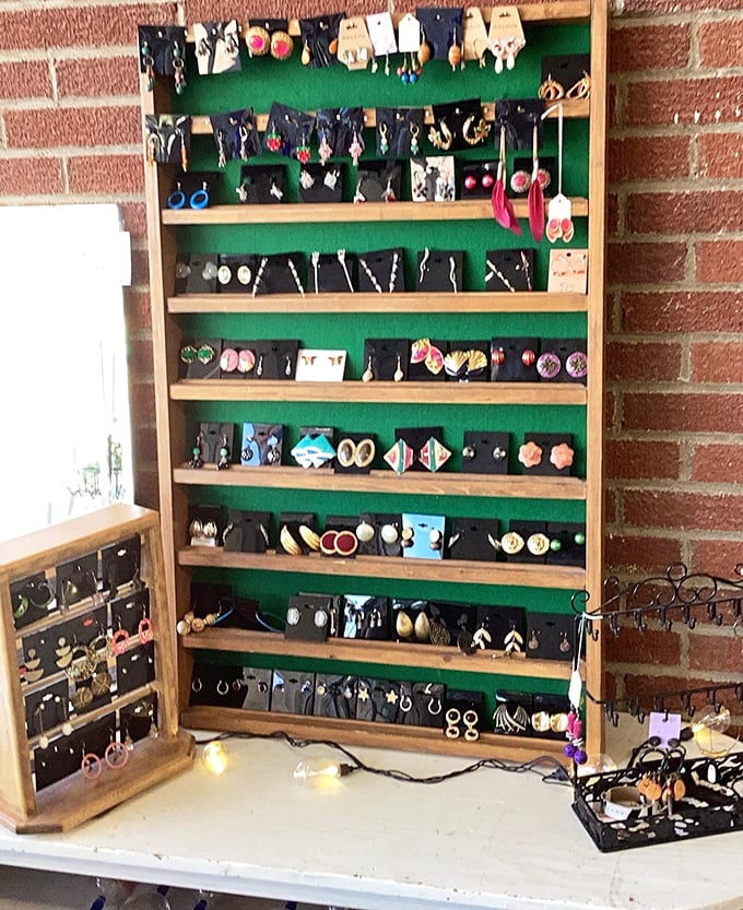 The jewelry display transforms forgotten accessories into tomorrow's statement pieces, arranged like a colorful candy store for grown-ups.