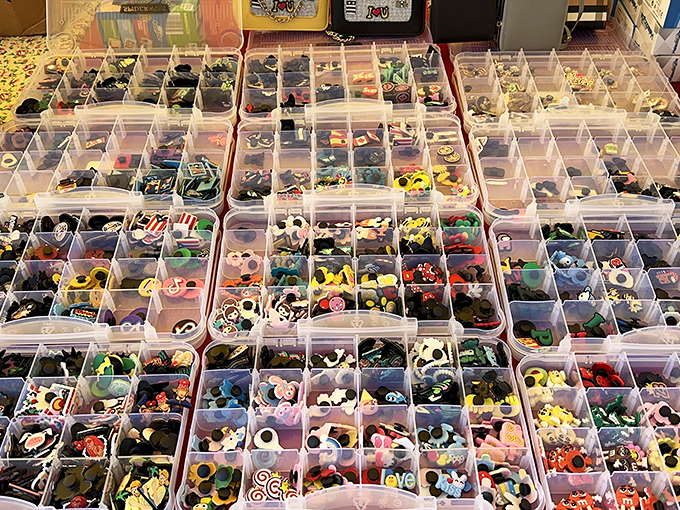 Tiny decorative charms organized like a rainbow of possibilities &ndash; because even your footwear deserves some personality.